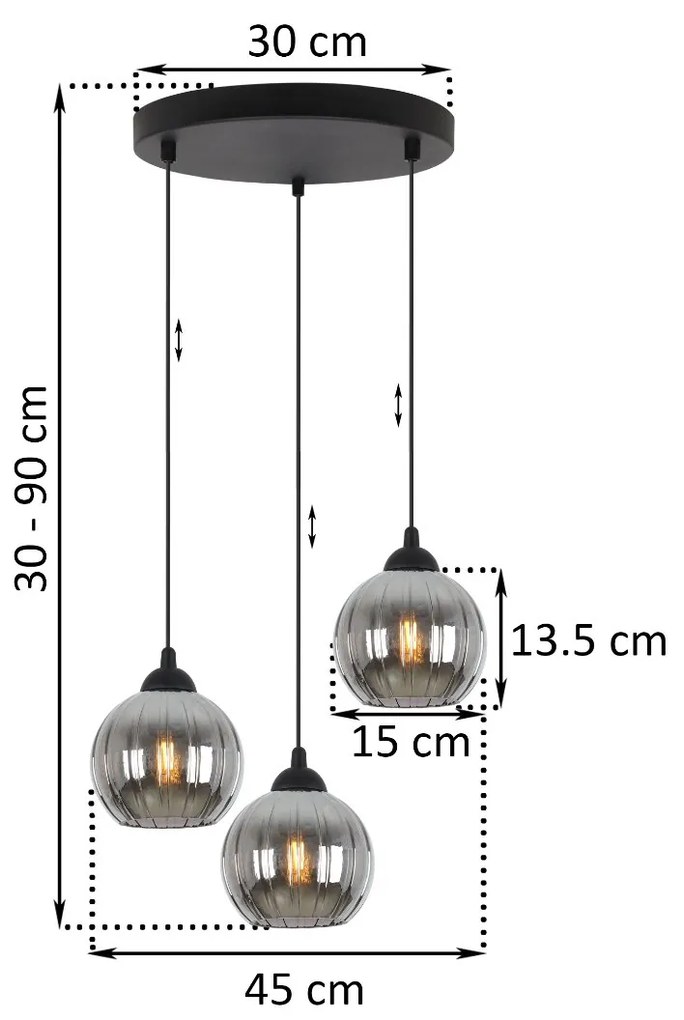 Závěsné svítidlo Costa, 3x grafitové skleněné stínítko, b, o