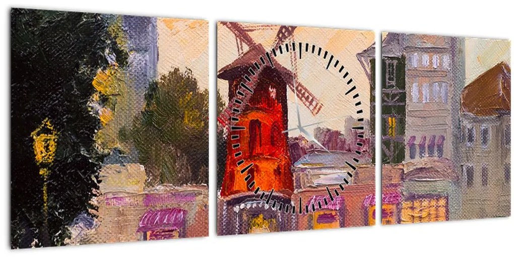 Obraz - Moulin rouge, Paříž, Francie (s hodinami) (90x30 cm)