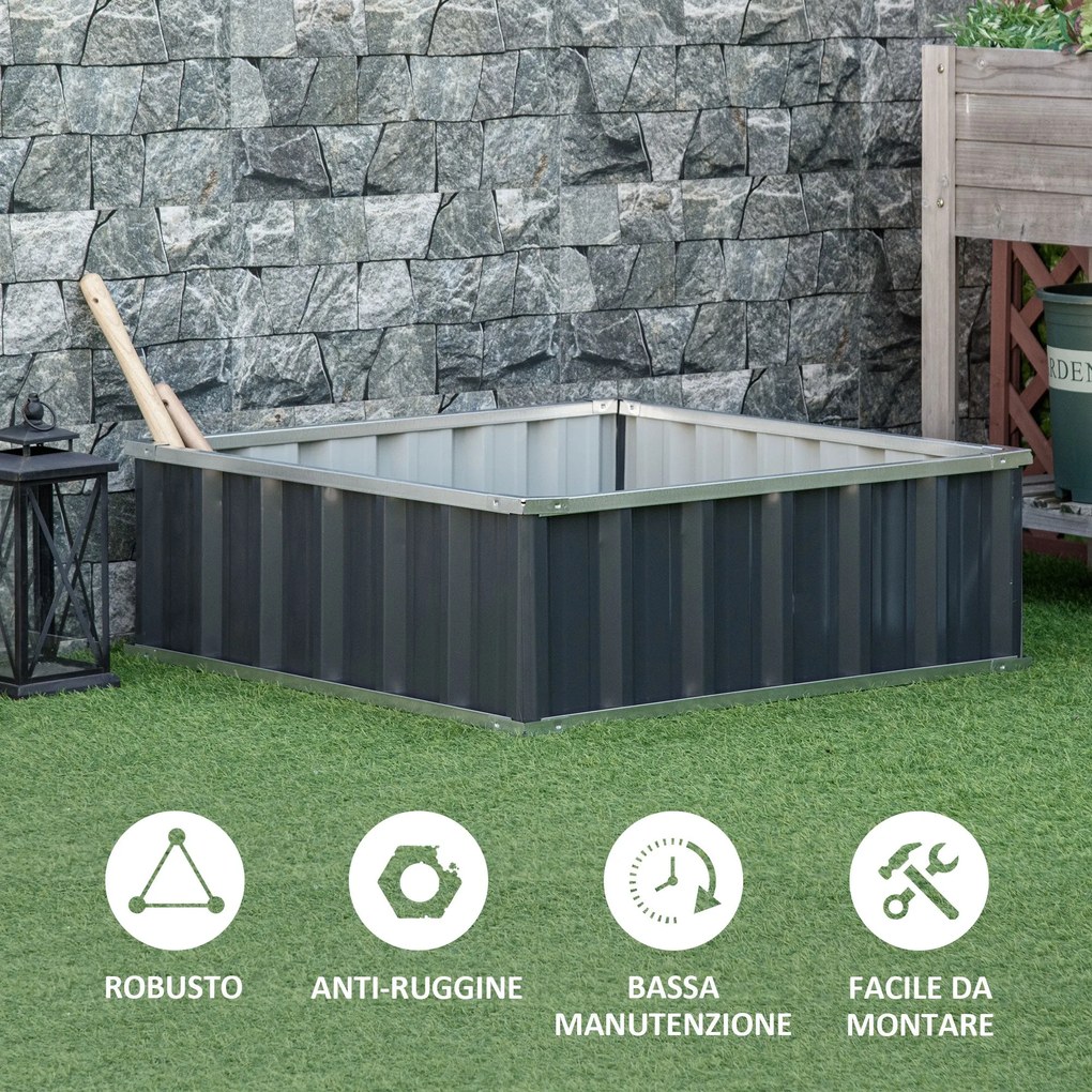 Zvýšený ocelový záhon Outsunny s otevřeným dnem, bez nářadí, držák na rostliny pro zeleninu, bylinky a květiny, 90x90x30 cm, tmavě šedý