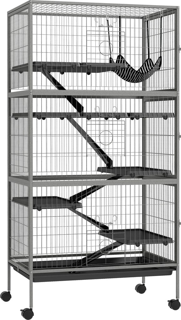 Pawhut Multifunkční klec pro hlodavce se 4 platformami, 3 rampami a 4 dvířky, rozměry 80L x 52W x 159H cm, šedá, stříbrná, černá, ocel