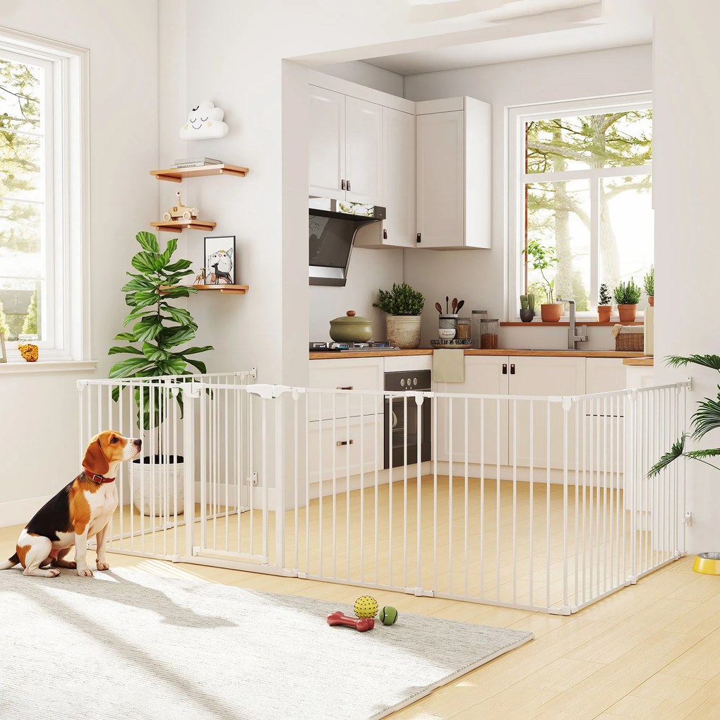 Ohradník pro domácí mazlíčky, 8dílná zábrana s dvířky, skládací, pro malé a středně velké psy, plast, uhlíková ocel, bílý