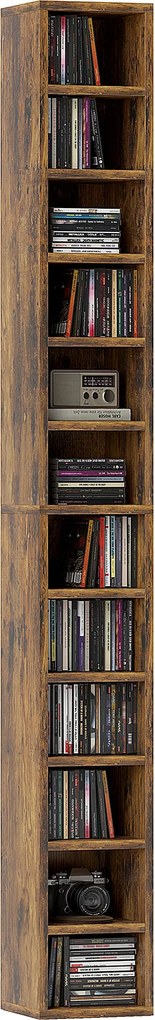 HOMCOM stojan na CD/DVD, vysoký regál se 12 přihrádkami, pojme až 204 disků, rustikální hnědá — 175 × 21 × 20 cm