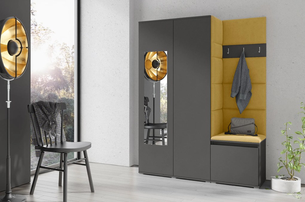Eka Předsíňová stěna s čalouněnými panely Trinity 11 - Grafit / Žlutá 2318