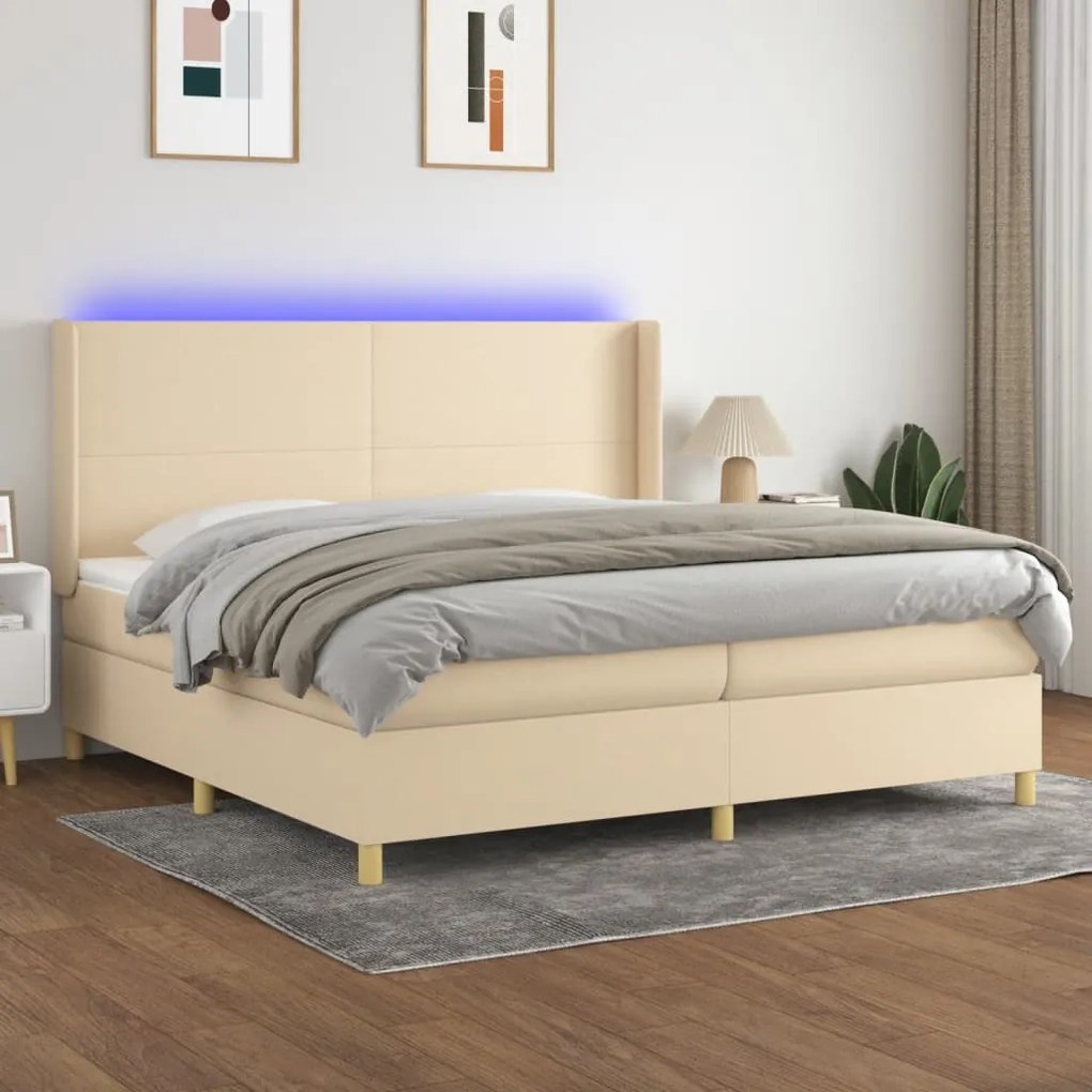 Box spring postel s matrací a LED krémová 200x200 cm textil