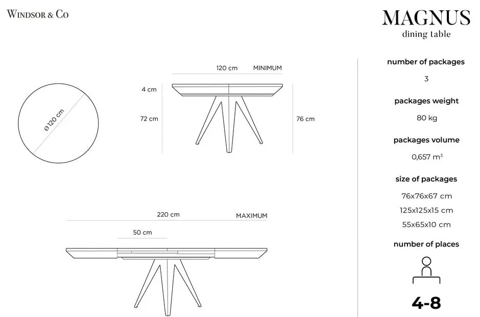 Rozkládací stůl s černými kovovými nohami Windsor &amp; Co Sofas Magnus, ø 120 cm