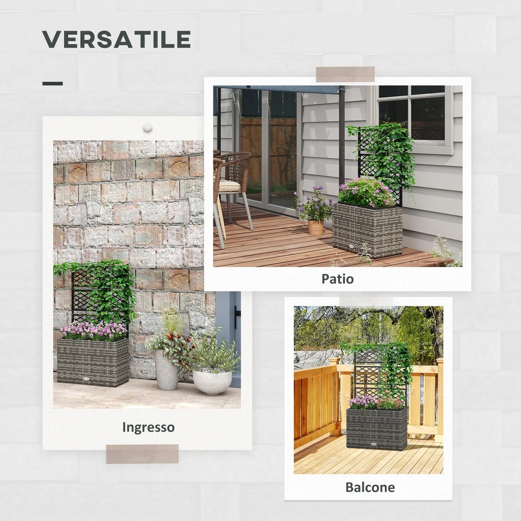 Outsunny Zahradní Truhlík s Trellis pro Popínavé Rostliny, Vyvýšený Truhlík se 2 Vnitřními Květináči, Ocelový Rám a PE Ratan, 57x30x107cm, Šedá