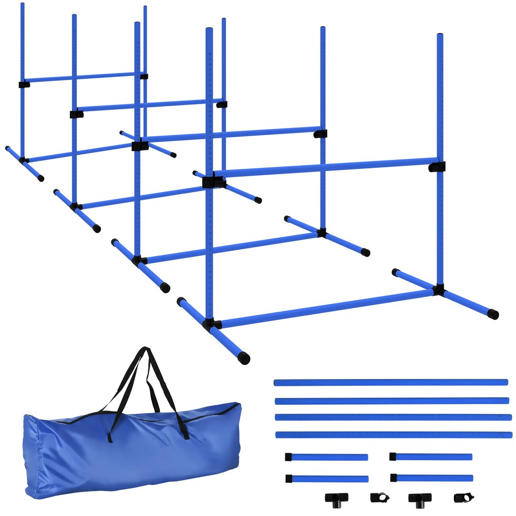 PawHut agility set pro psy 4-dílný 99x65x94 cm výškově nastavitelný se 2 překážkovými tyčemi 2 slalomovými tyčemi a 4 plastovými zemními tyčemi Modrá…