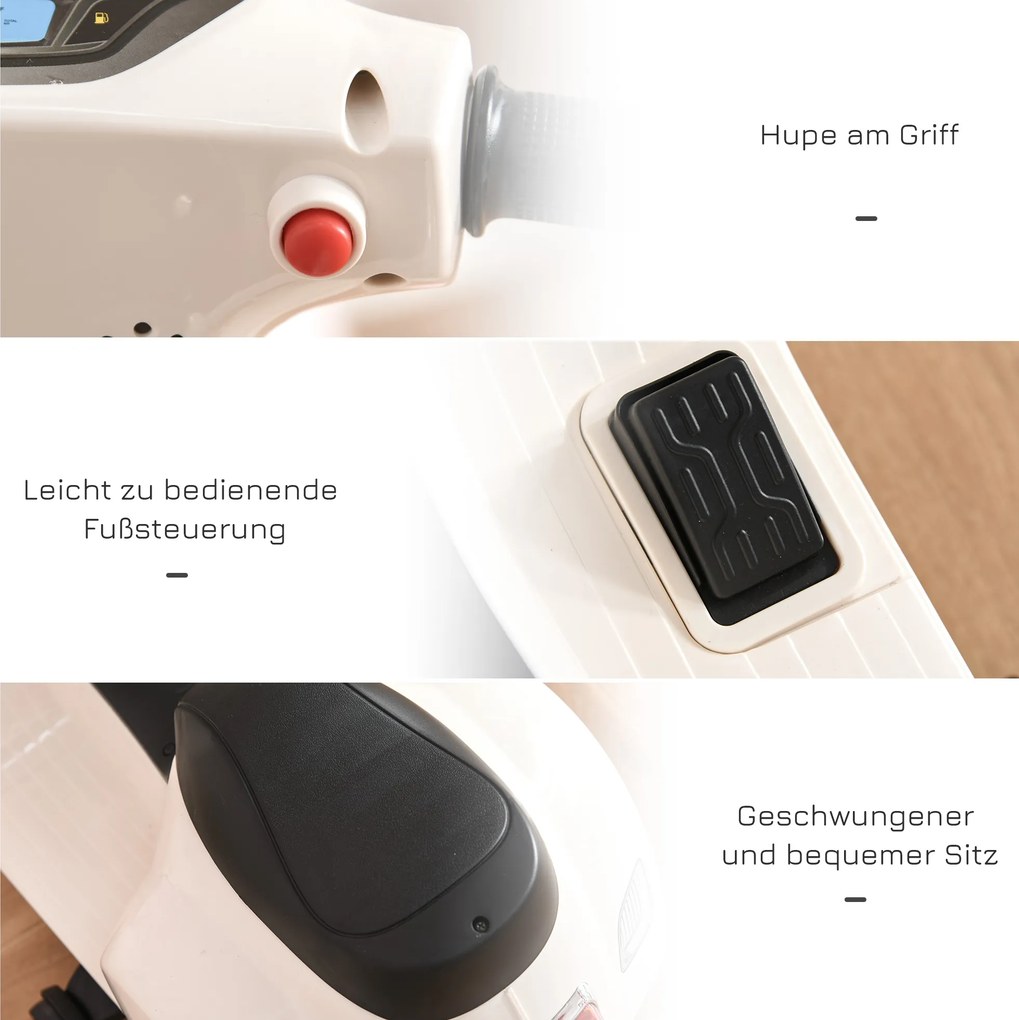 HOMCOM VESPA elektrická motorka pro děti, 18-36 měsíců, 3 km/h, LED světlo a zvuk, PP plast a kov, bílá, 66.5x38x52cm