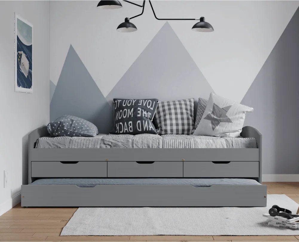 Postel s výsuvnou přistýlkou, šedá, masiv, 90x200, MARINELLA NEW
