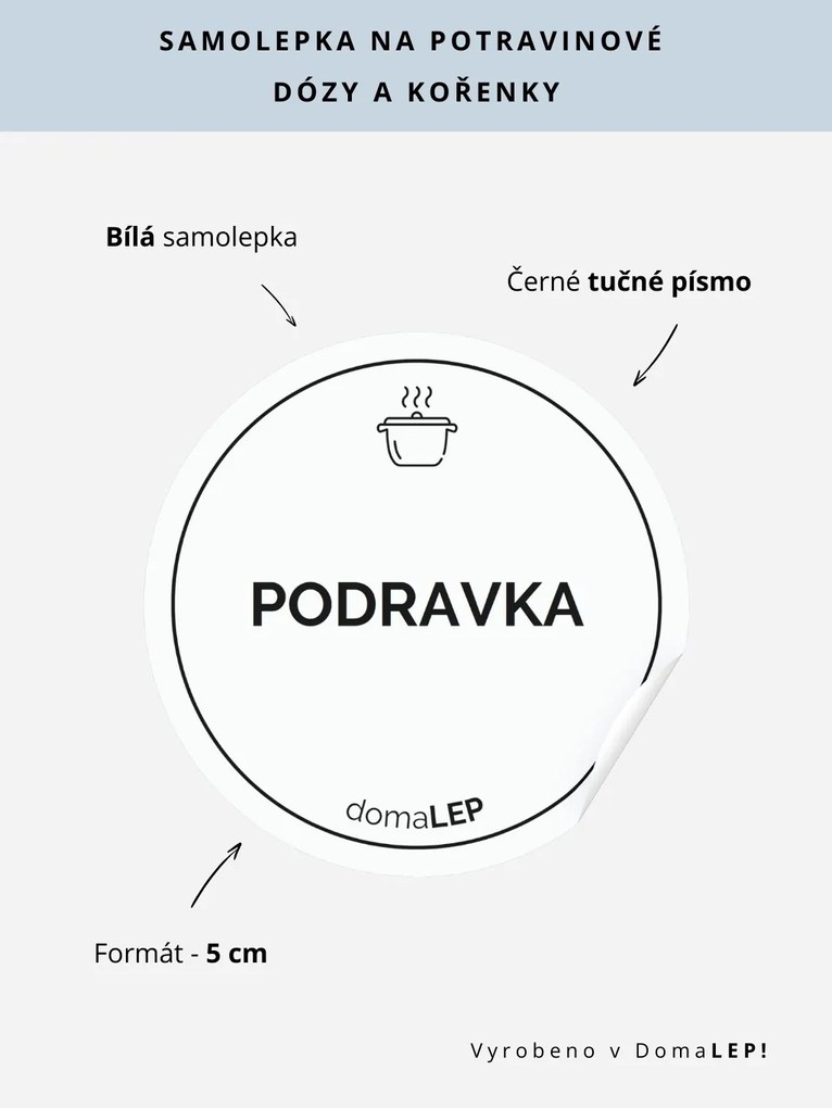 PODRAVKA – bílá samolepka na dózu, tučné písmo, 5 cm | DomaLEP