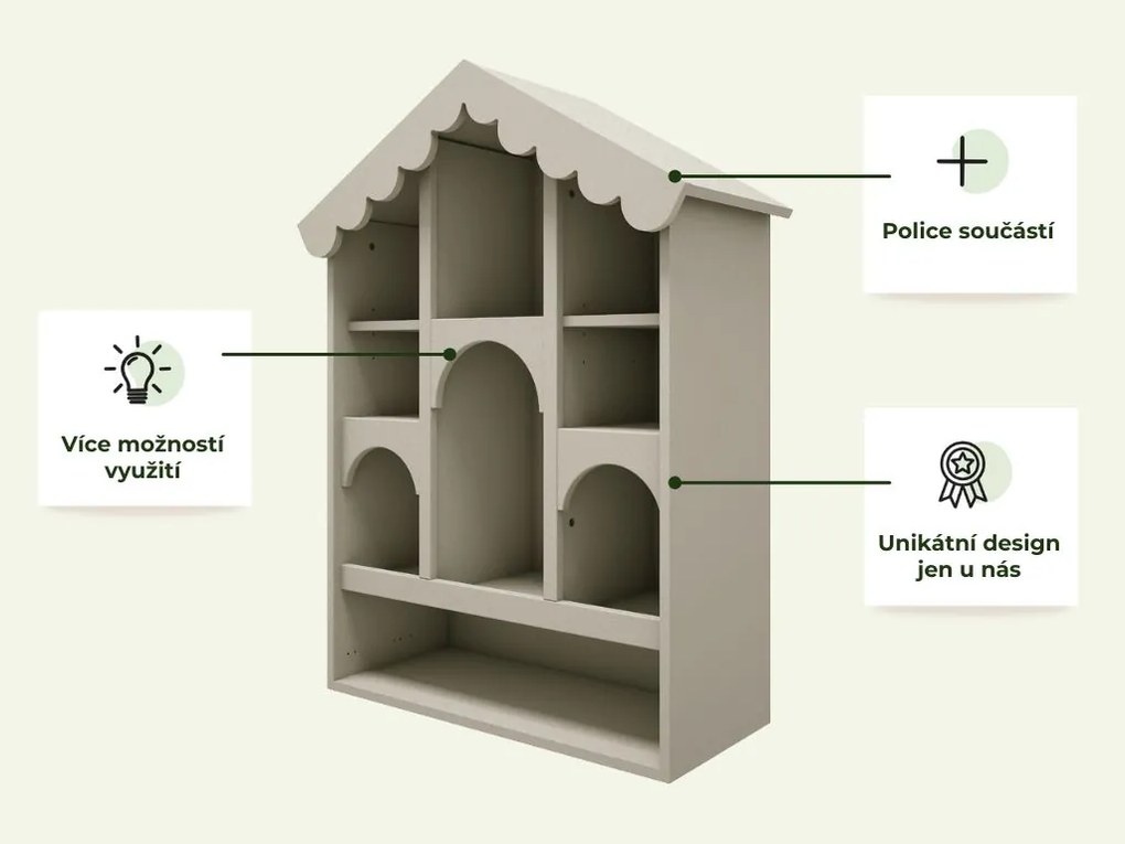 Dřevěná knihovna BABUSHKA do dětského pokoje ve tvaru domku olivová