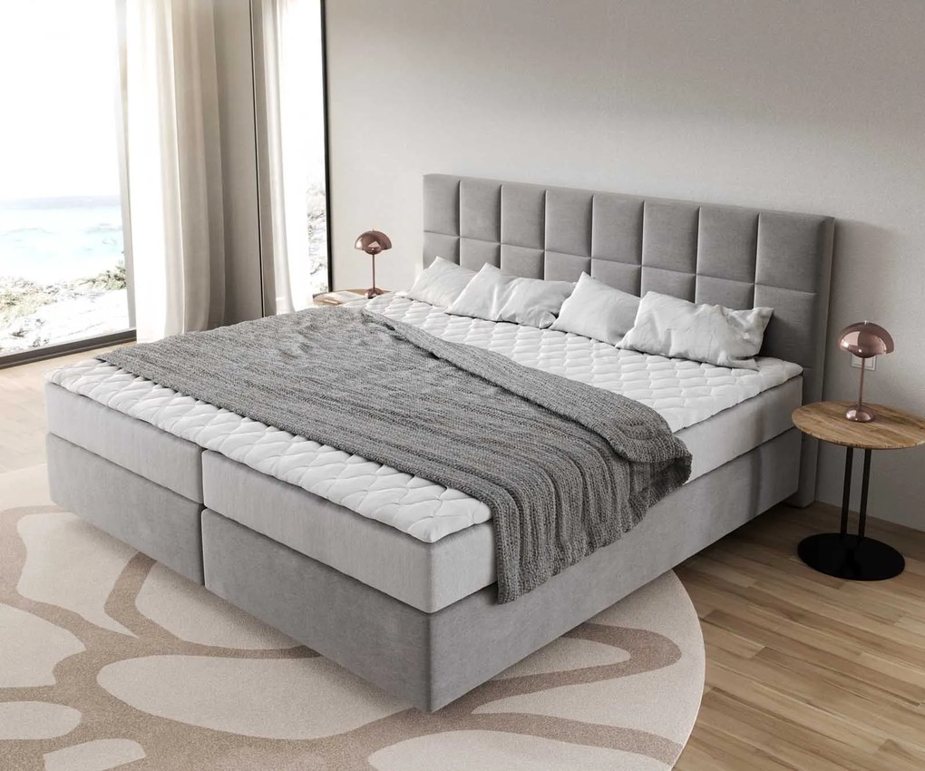 DELIFE Boxspring postel Dream-Fine mikrovlákno šedá 200x200 cm s taštičkovou pružinovou matrací a visco topperem