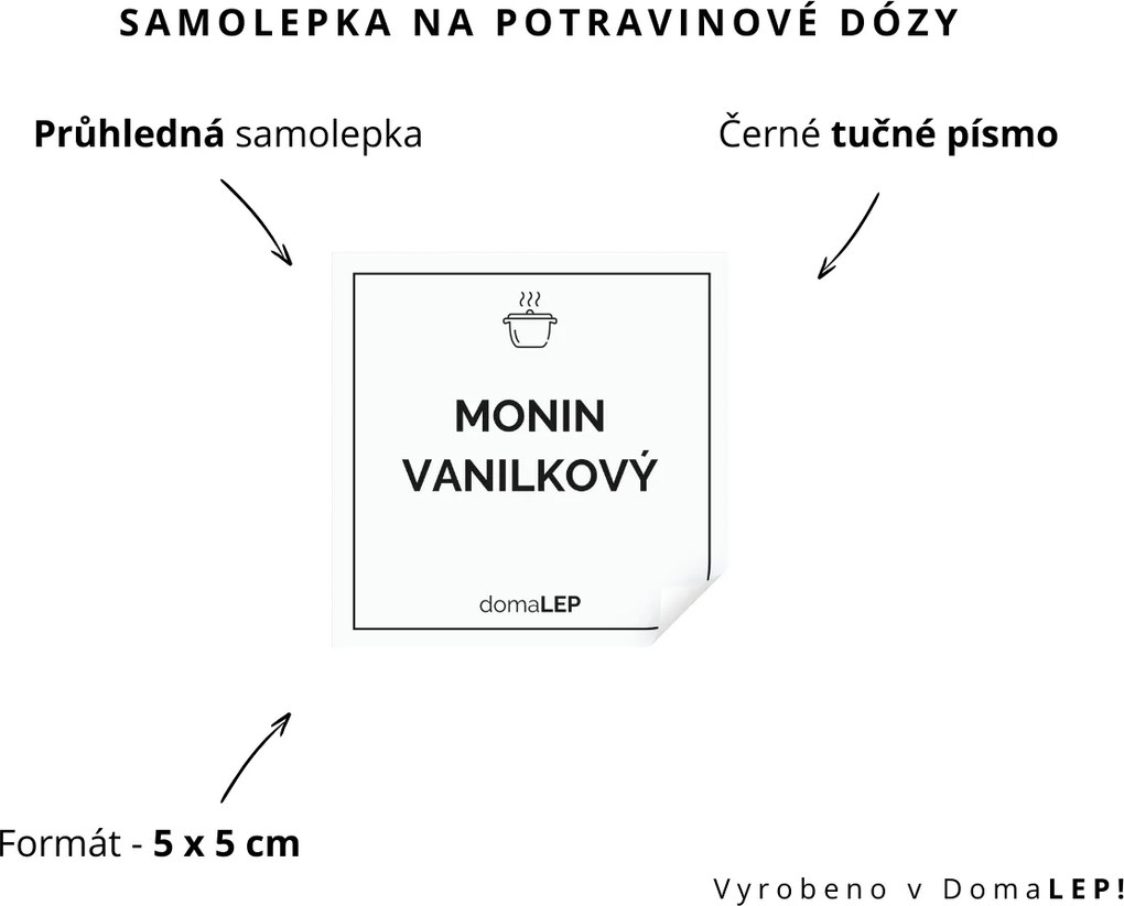 MONIN VANILKOVÝ - omyvatelná samolepka na dózu, výběr rozměrů Ø 5 cm / 5 x 5 cm / 6 x 8 cm | DomaLEP tvar: ČTVEREC, barva: PRŮHLEDNÁ - ČERNÉ písmo, velikost: š. 5 cm x v. 5 cm - tučné písmo