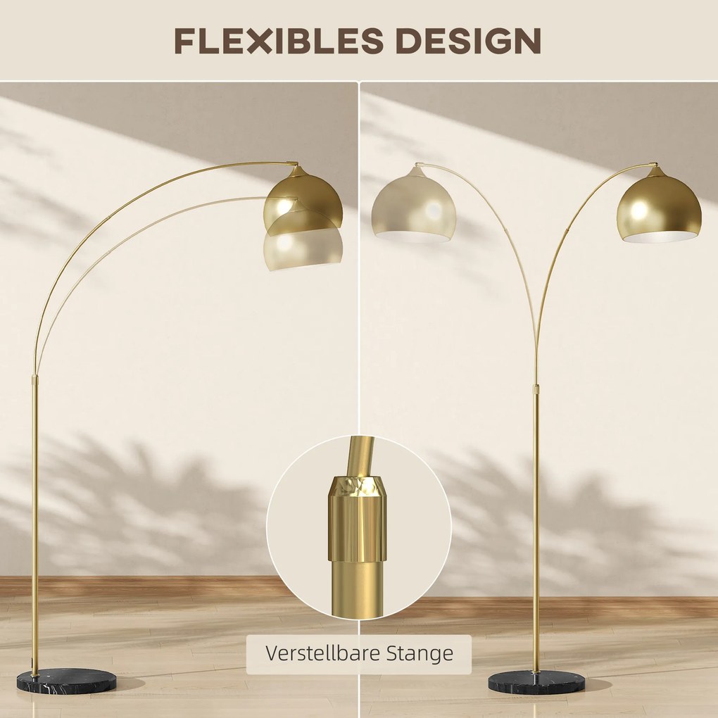 HOMCOM Oblouková lampa, stojací lampa, výškově nastavitelná, nožní vypínač, podstavec s efektem mramoru, 170-180cm, zlatá/černá