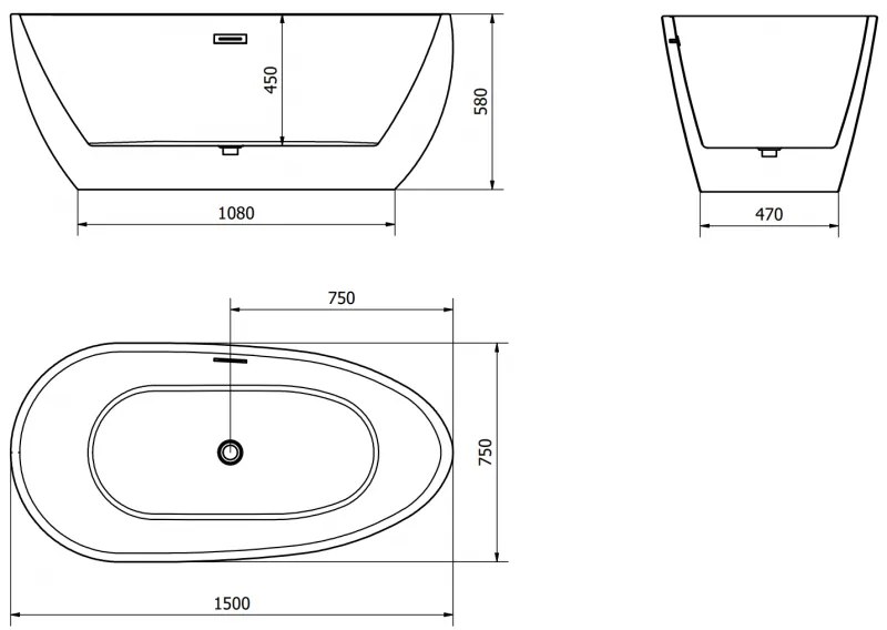 Mexen Eos, volně stojící vana 150 x 75 cm, bílá-černá, chromový přepad, 52471507575-01