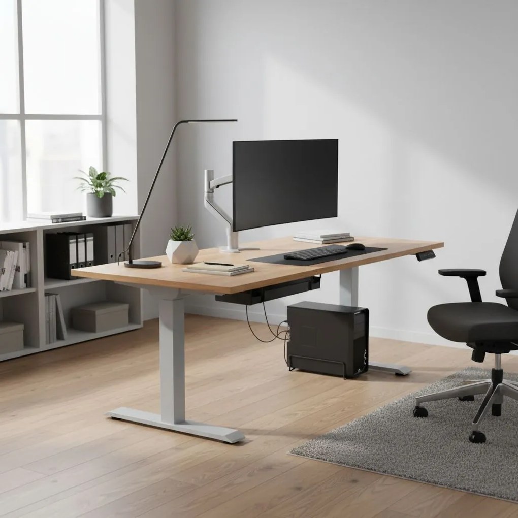 Výškově nastavitelný stůl OfficeTech D, 180 x 80 cm, šedá podnož, dub zlatý