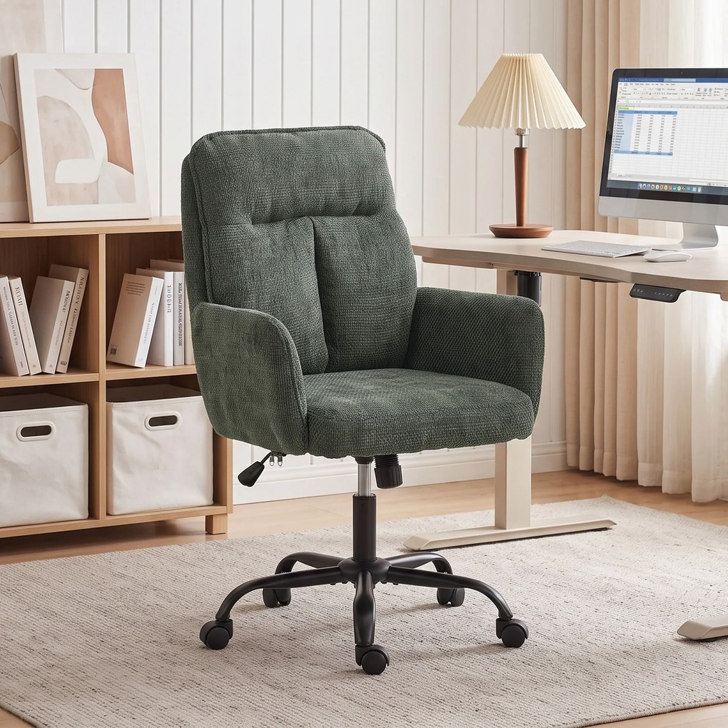 HOMCOM Kancelářská židle do home office, počítačová židle se širokým sedákem, středně vysoká opěradla, vzhled lnu, tmavě zelená