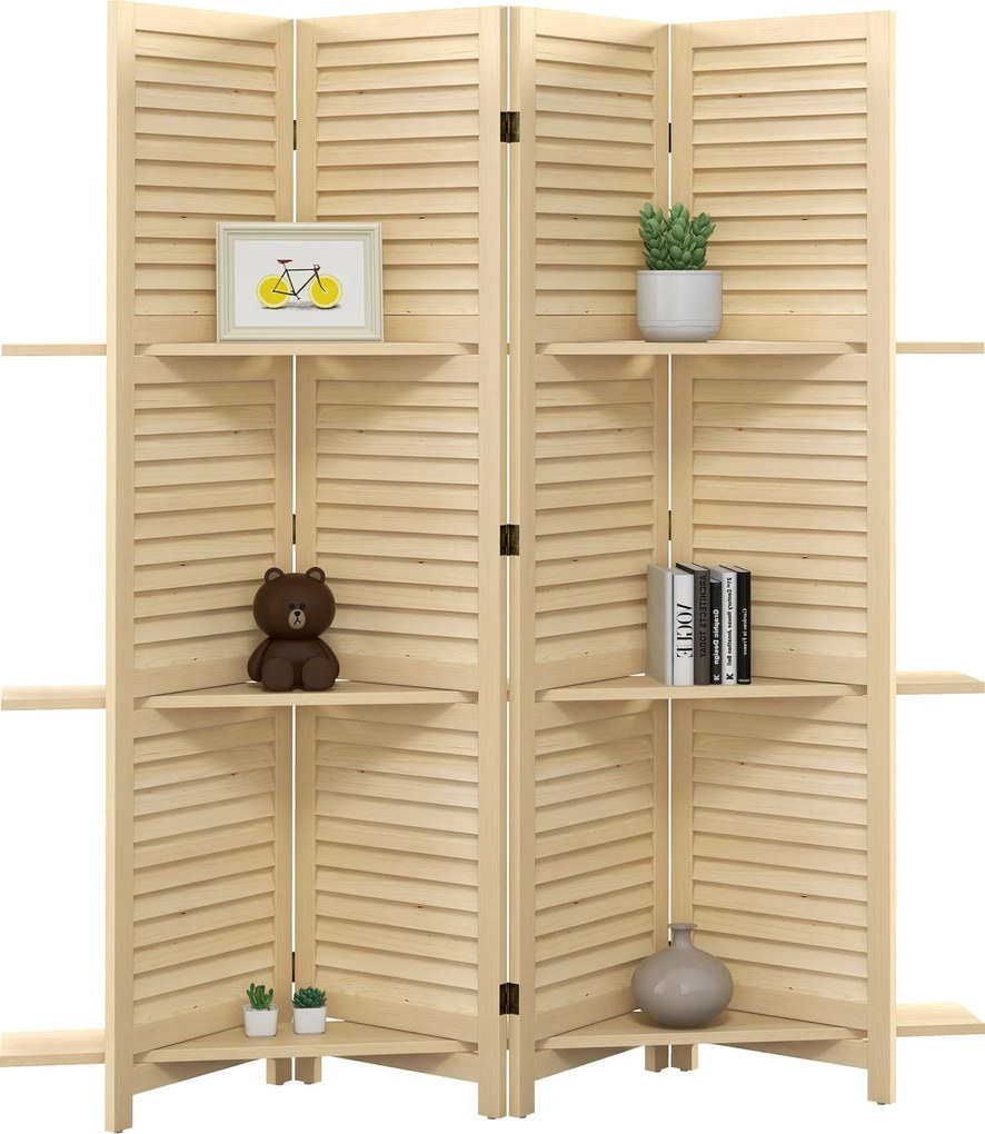 HOMCOM Příčka do interiéru 4 panely 160D x 170V cm 3 skládací police s žaluzkovými dveřmi z přirozeného paulovního dřeva