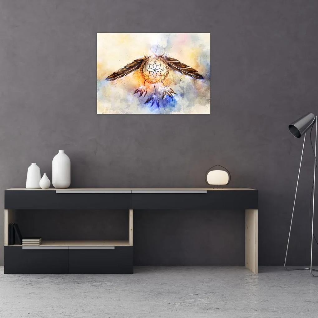Skleněný obraz - Lapač snů s peříčky (70x50 cm)