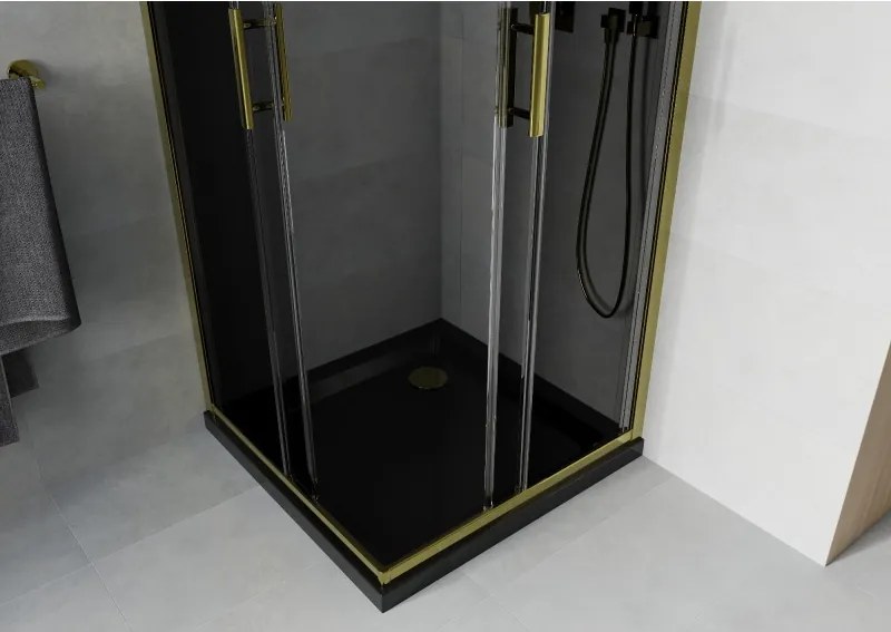 Mexen Rio, čtvercový sprchový kout s posuvnými dveřmi 80 (dveře) x 80 (dveře) x 190 cm, 5mm šedé sklo, zlatý profil + černá sprchová vanička SLIM, 860-080-080-50-40-4070G