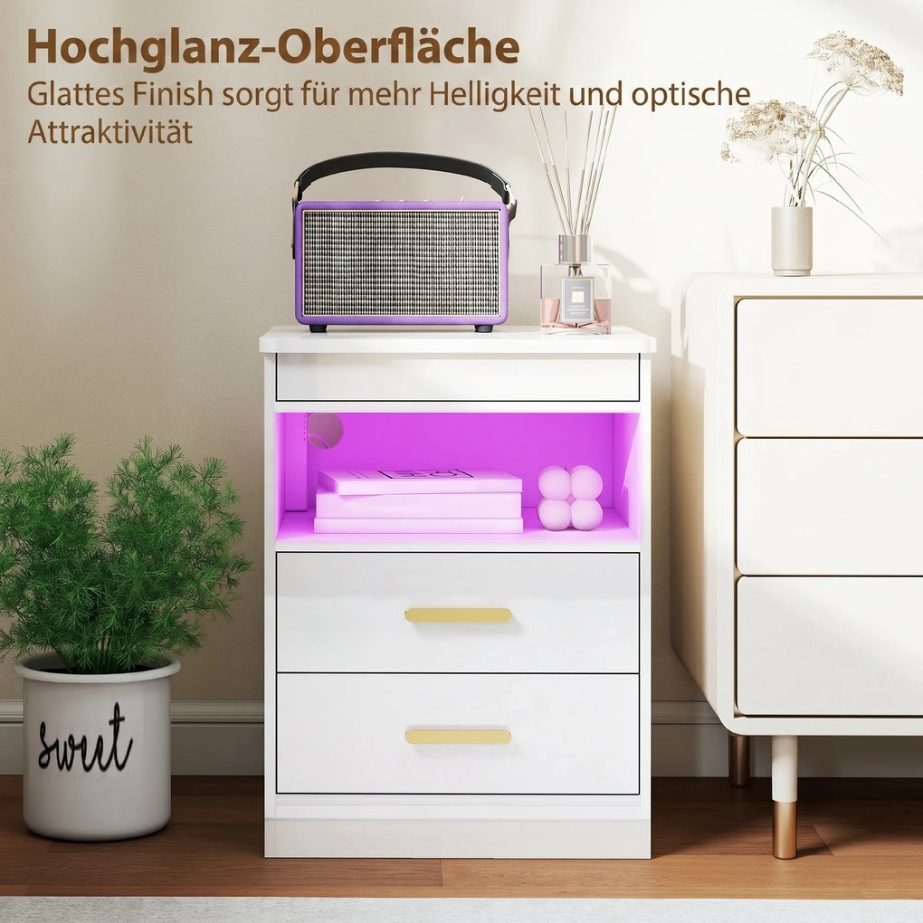 HOMCOM Noční stolek, přídavný stolek s nabíjecí stanicí a RGB LED osvětlením, vysoký lesk bílá
