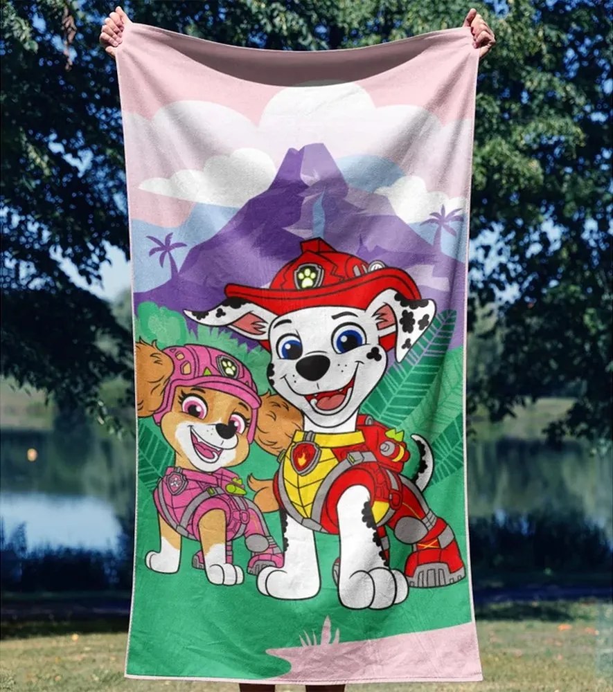 Bavlněná plážová osuška Tlapková patrola – Paw Patrol - motiv Pod dinosauří skálou - 100% bavlna - 70x90 cm