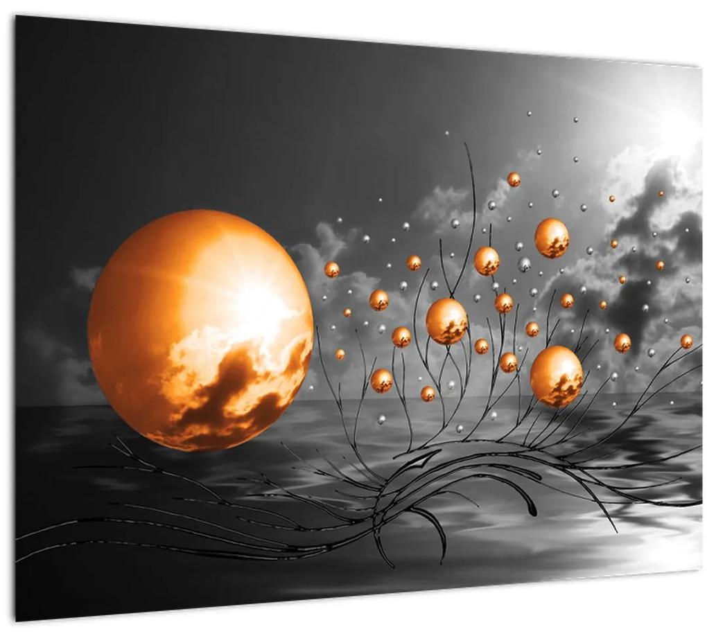 Skleněný obraz oražových abstraktních koulí (70x50 cm)