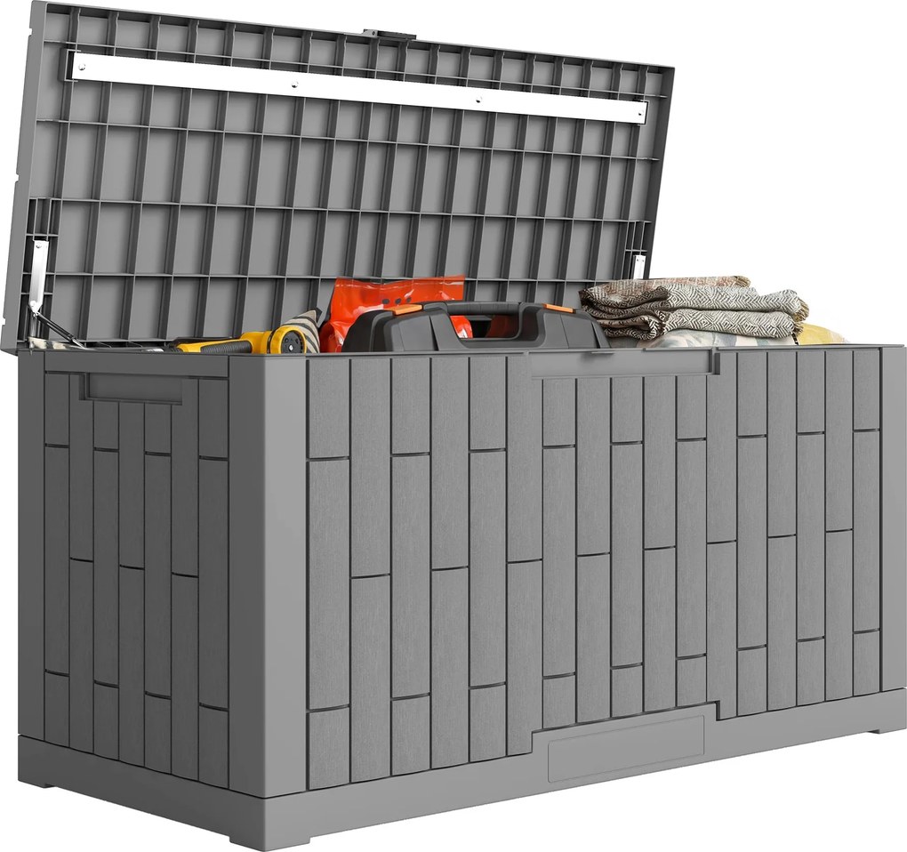 Outsunny 379 l uzamykatelný venkovní úložný box s plynovým pístem — dřevěný vzhled odolný proti UV, kávově hnědý, 122,5 × 56 × 62 cm | Aosom