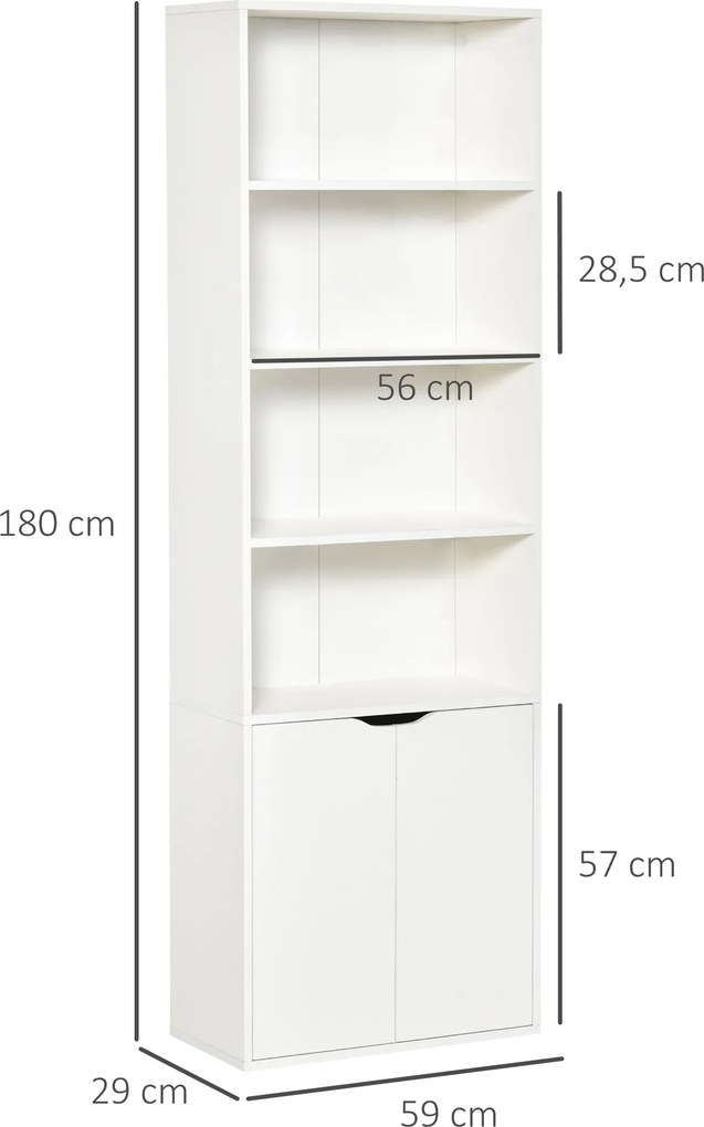 HOMCOM Knihařský regál se 4 otevřenými přihrádkami a 2 dvířky do obývacího pokoje a kanceláře, nosnost 80 kg, rozměry 59x29x180 cm, bílý