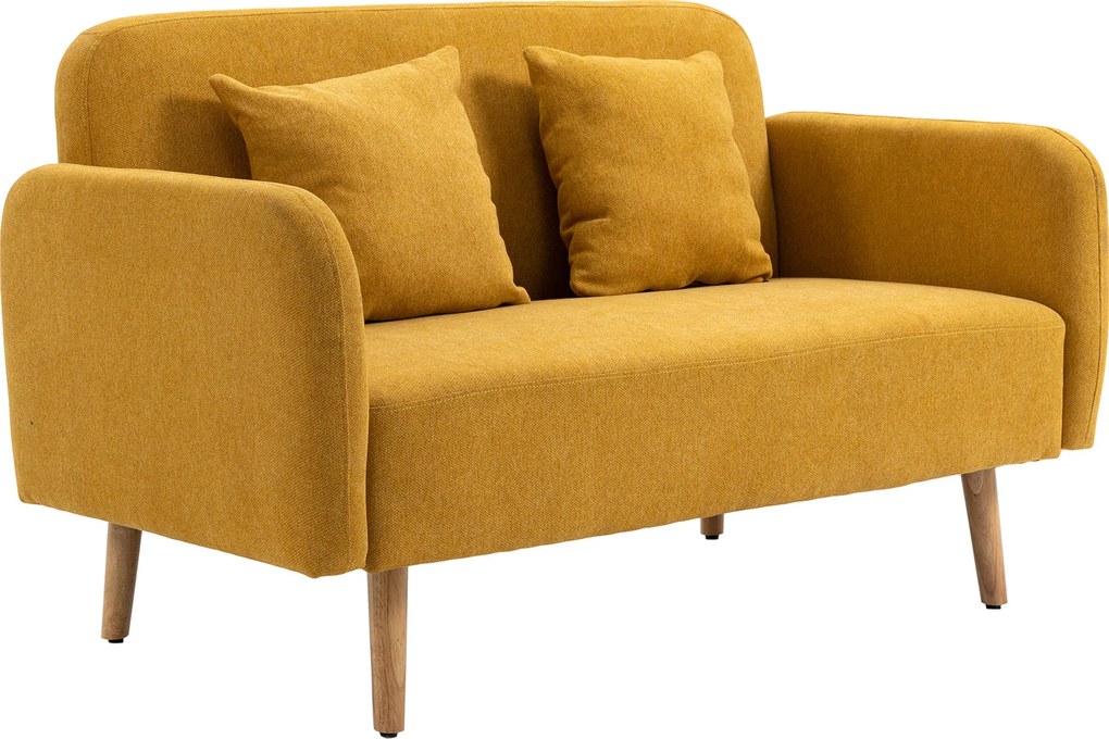 HOMCOM Dvoumístná pohovka s polštáři, nastavitelné podnožky, sametový polyester, pěna, kompaktní design, 2místná, přírodní+žlutá