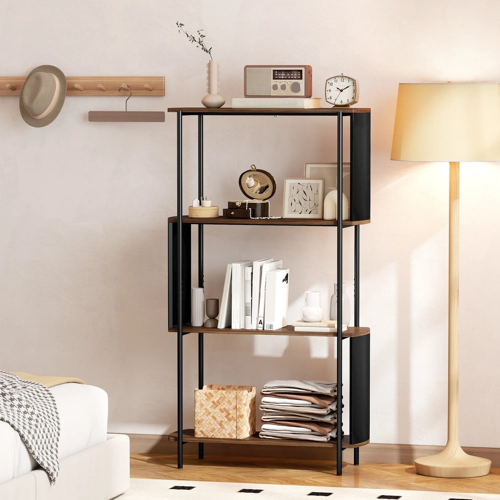 HOMCOM 4patrový úložný regál s 4 policemi, zahnuté bočnice, industriální ocelový rám pro kancelář, obývák, ložnici — 80 x 30 x 141 cm, hnědá