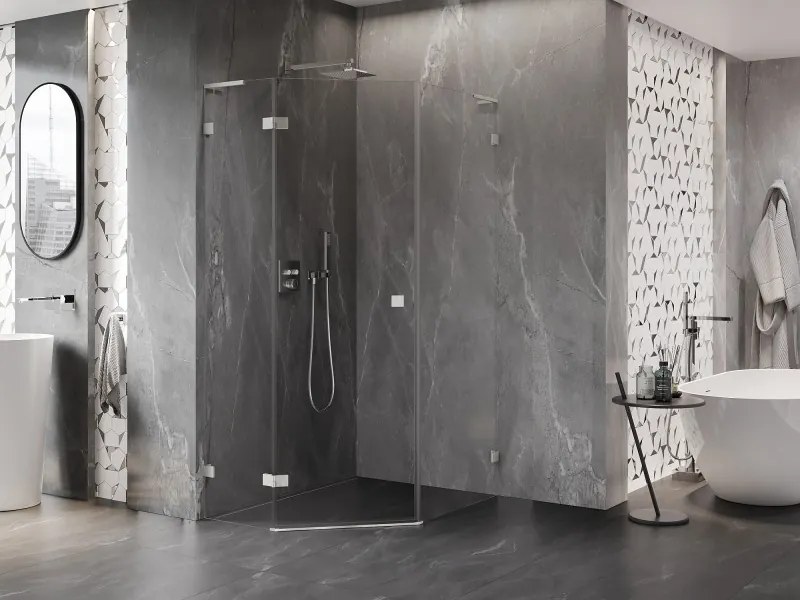 Mexen Lunar, L pětiúhelníkový sprchový kout naklápěcí doleva 80 x 100 cm, 8mm čiré sklo, ocelový profil, 831L-080L-100P-97-00-L