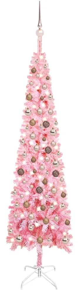 3078068 vidaXL Úzký vánoční stromek s LED diodami a sadou koulí růžový 210 cm