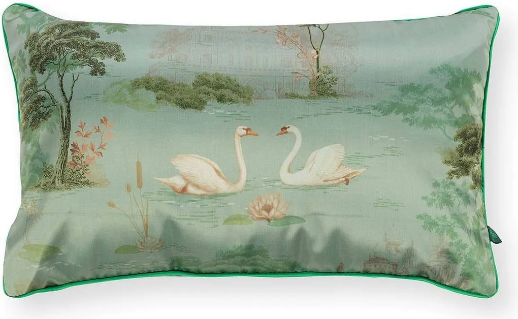 Pip Studio dekorační polštář Darjeeling Days 55 x 33 cm - zelený (Luxusní sametová polštář s motivem labutí)