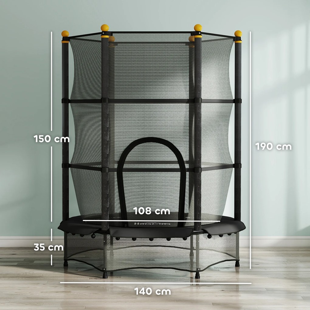 HOMCOM dětská trampolína Ø140 cm, trampolína s ochrannou sítí, kryt hran, zahradní trampolína pro děti 3-10 let, max. zatížení 50 kg, černá barva