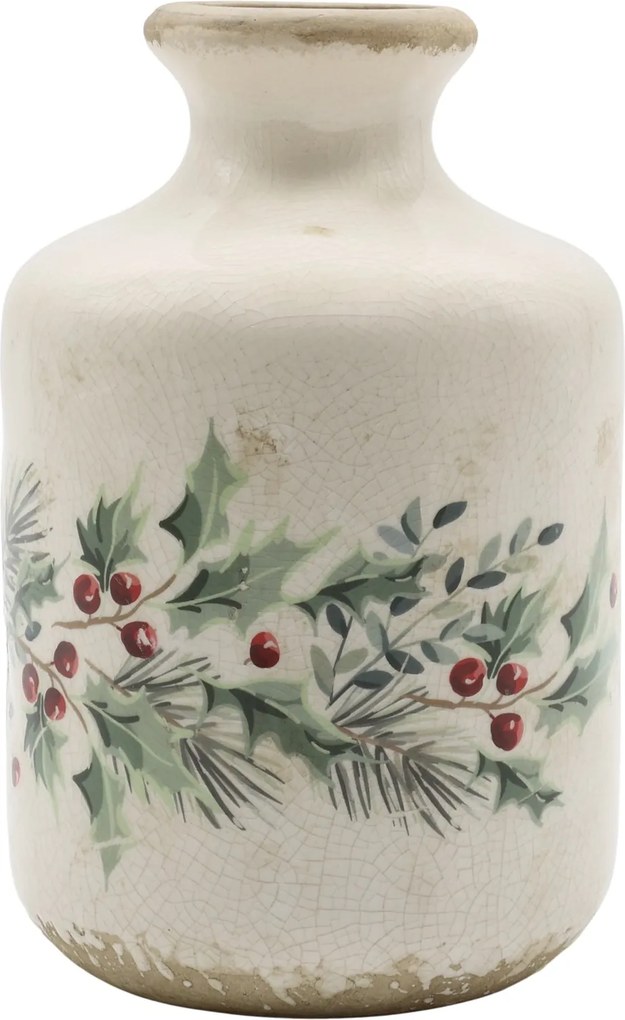 Béžová keramická váza s cesmínou Holly Christmas Antique – Ø 11*17,5 cm