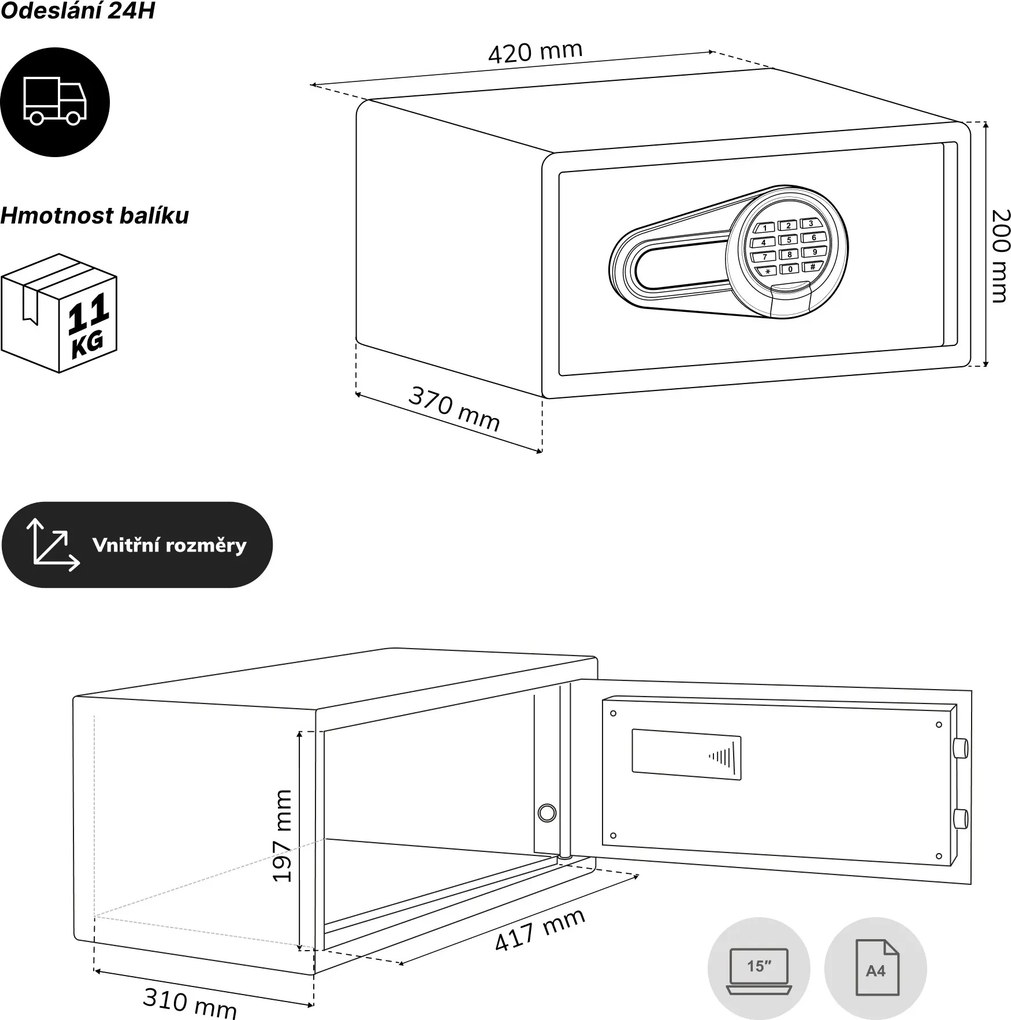 Hotelový trezor elektronický s kódovým zámkem, na notebook 15″ a dokumenty, 200 x420x370 mm: ALFRED