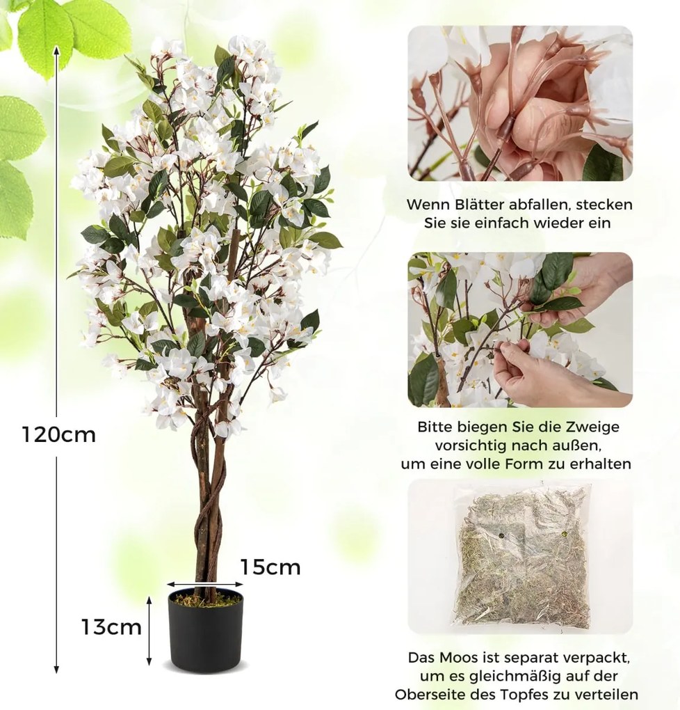 Costway 120 cm Umělý strom s květinami v květináči Umělý strom bugenvilea Umělé