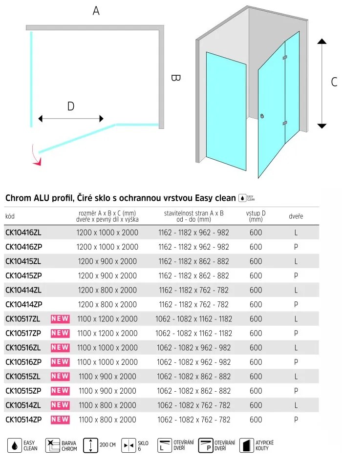 Mereo Novea sprchový kout obdélník 120x90 cm sklo Čiré dveře levé a pevný díl ALU chrom CK10415ZL