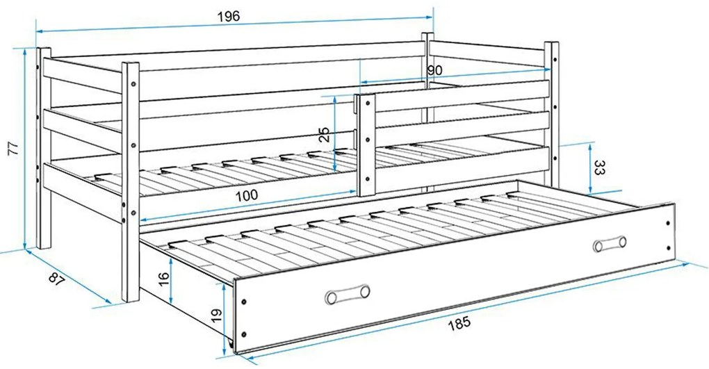 Dětská postel s výsuvnou postelí ERYK 190x80 cm Šedá Bílá