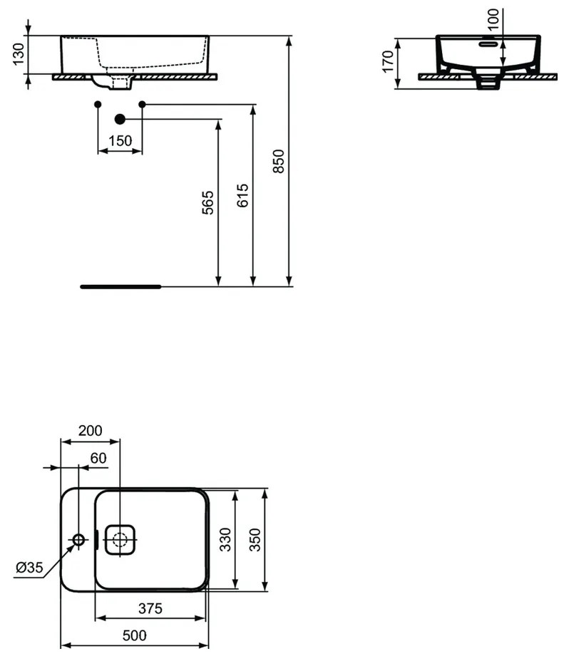 Ideal Standard Strada II - Umyvadlo na desku 500 x 350 mm, s přepadem, s otvorem na straně, Bílá, T296401