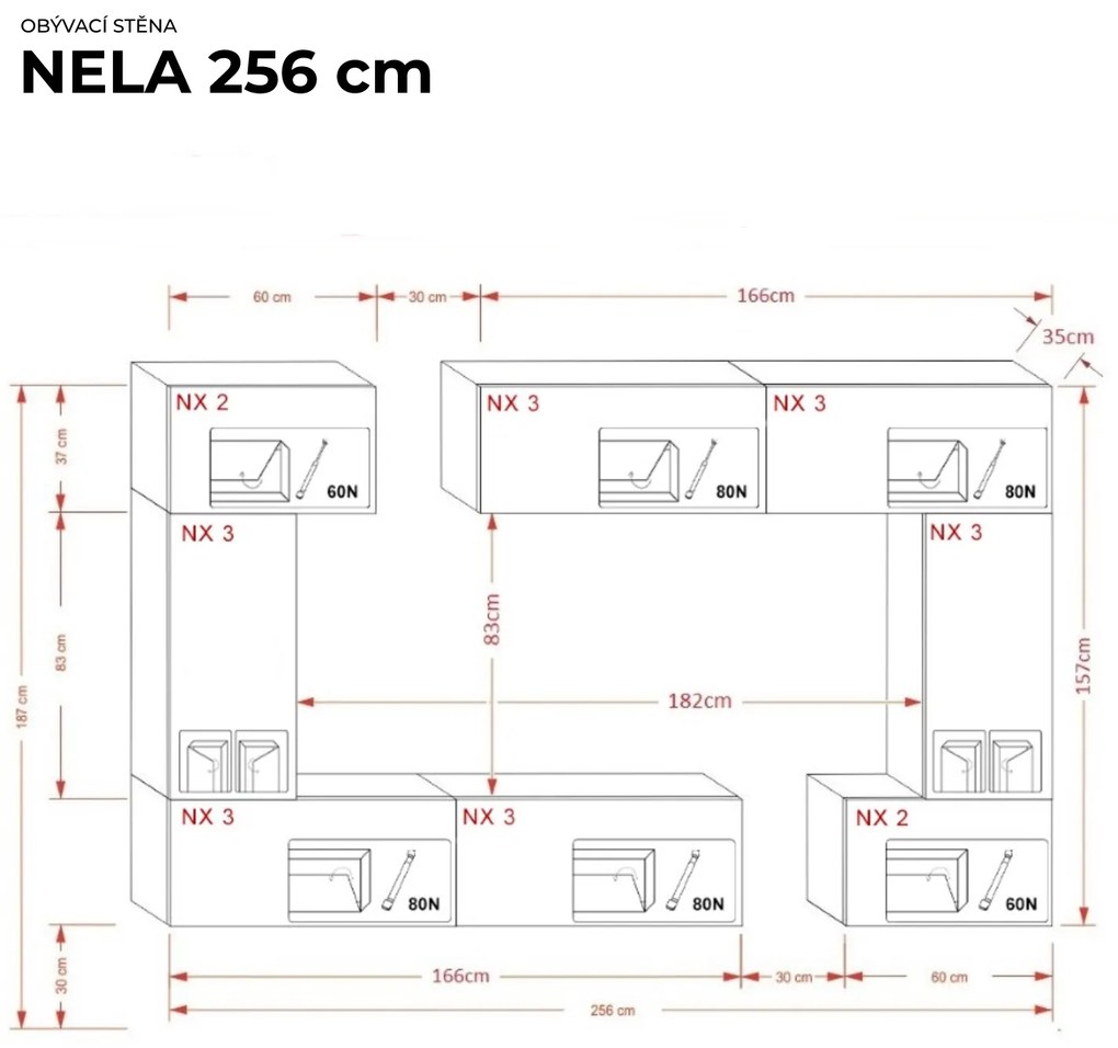 Ral Obývací stěna NELA 3, 256 cm - Černý lesk