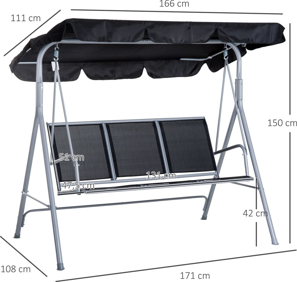 Outsunny Hollywoodská houpačka 3místná elegantní zahradní houpačka se střechou kovový rám černá stříbrná 171x108x154cm pro zahradní terasu |