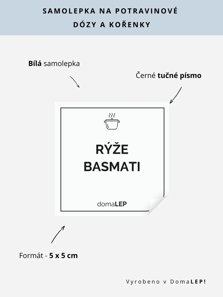 RÝŽE BASMATI – bílá samolepka na dózu, tučné písmo, 5 x 5 cm | DomaLEP