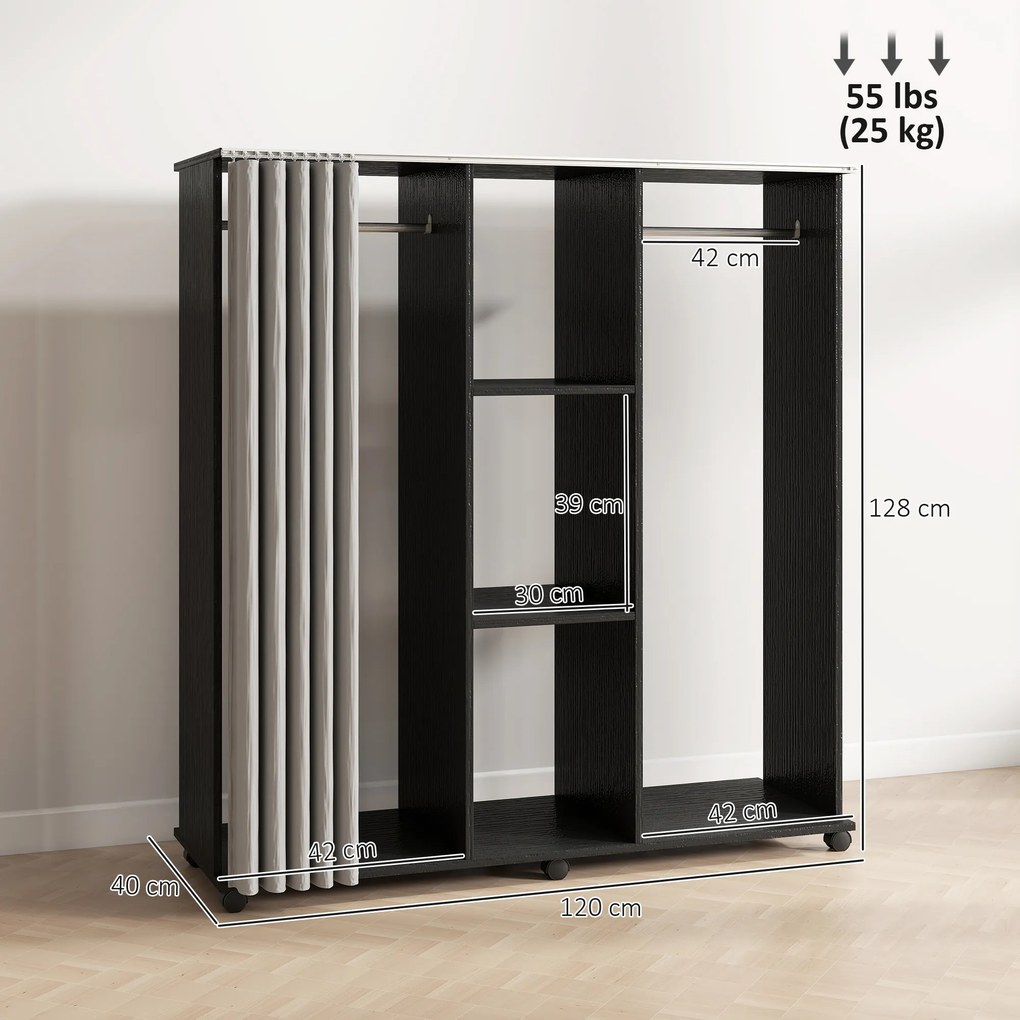 HOMCOM Šatní skříň, šatník, mobilní úložná skříň 6 koleček 120L x 40l x 128H cm, černé dřevo