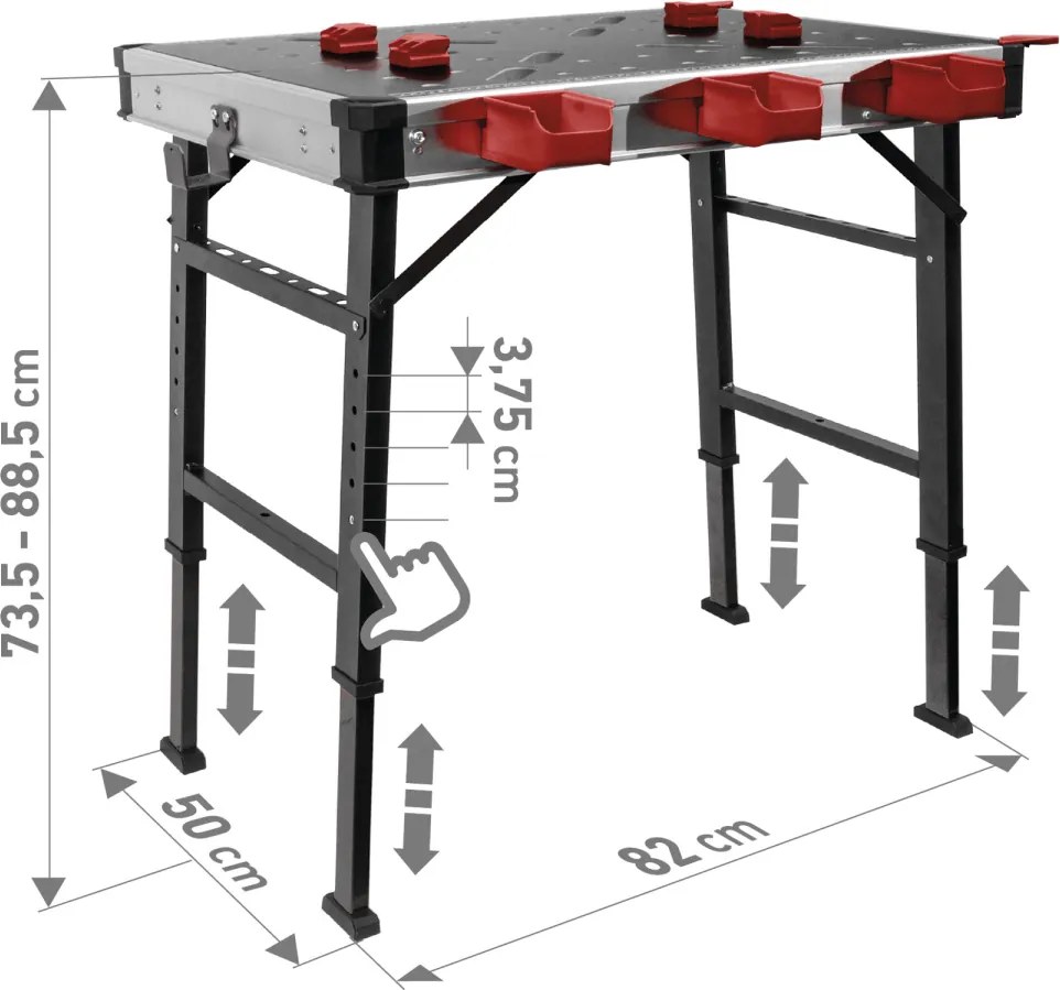 Pracovní skládací stůl Fortum, 850x600mm, výška 73,5-88,5cm