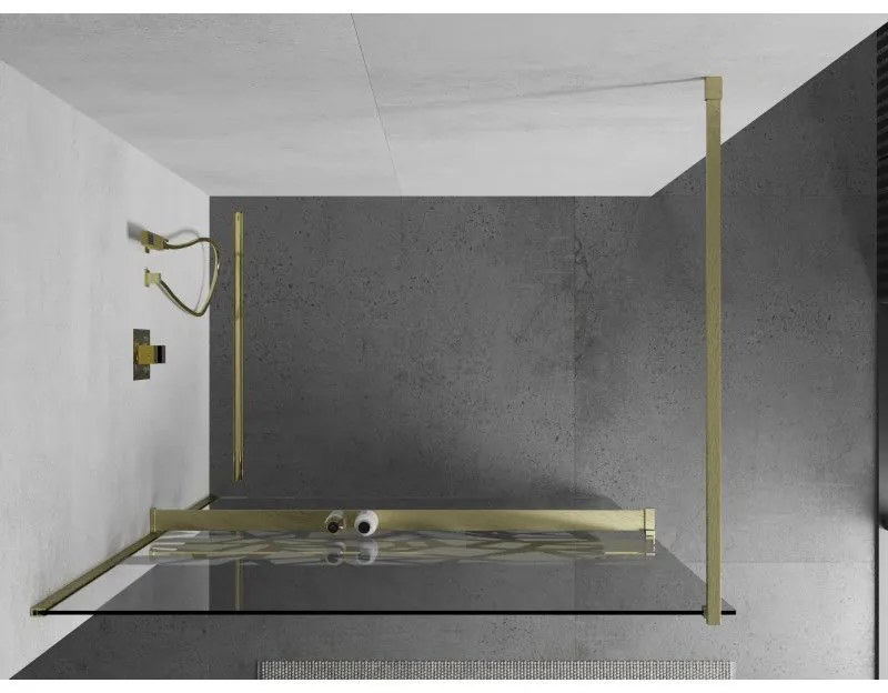 Mexen Kioto+, sprchová zástěna Walk-In s poličkou a věšákem 130 x 200 cm, 8mm čiré sklo bílý vzor, zlatý matný profil, 800-130-121-55-85