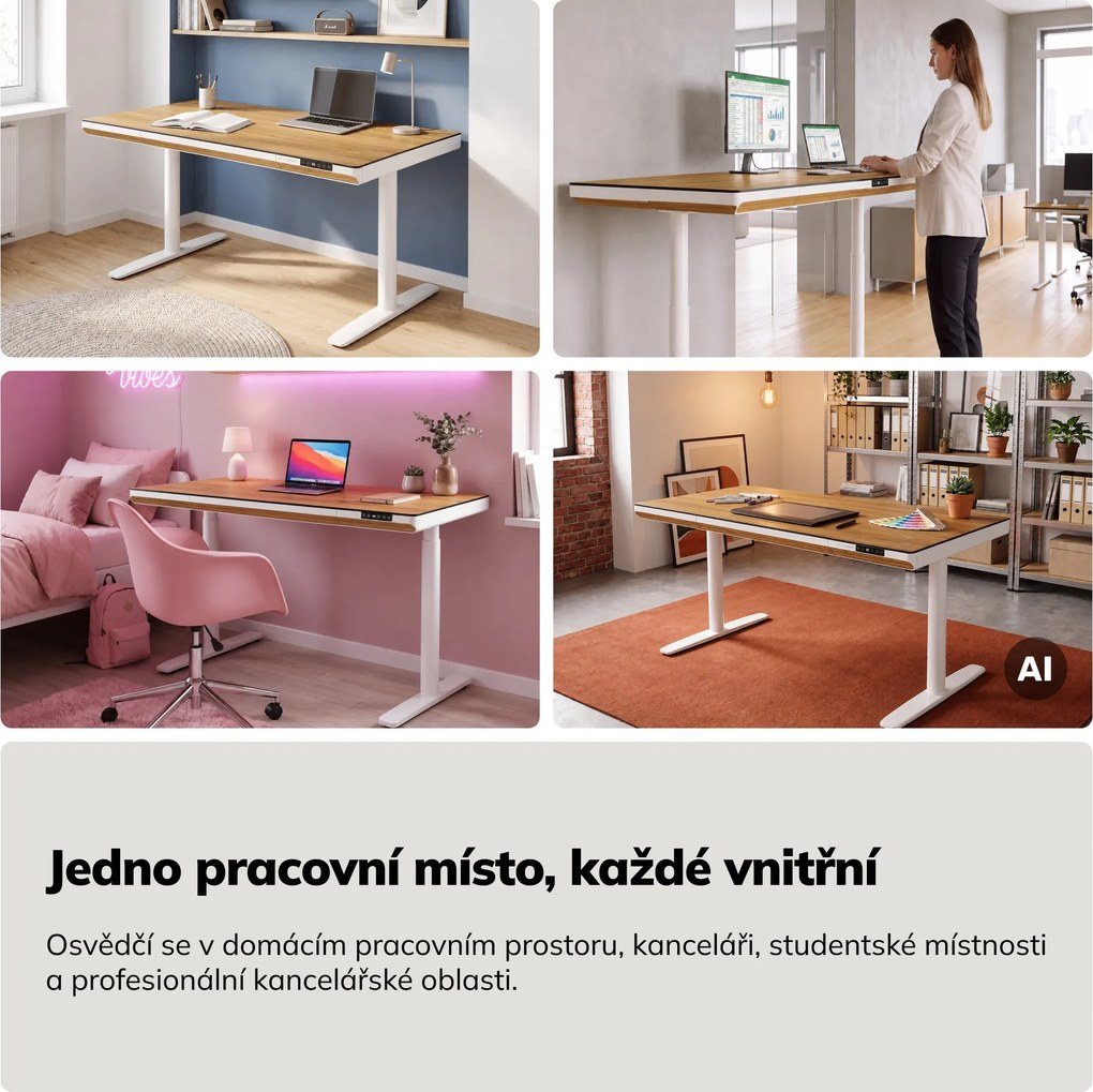 Elektrický psací stůl sit-stand se zásuvkou a bezdrátovou nabíječkou Qi bílý/zlatý dub, 1400 mm: ELLIS