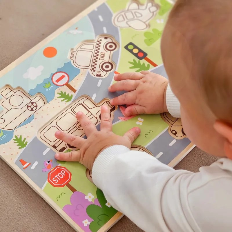 Tooky Toy Dřevěné Montessori puzzle - Auta, Letadlo, Loď