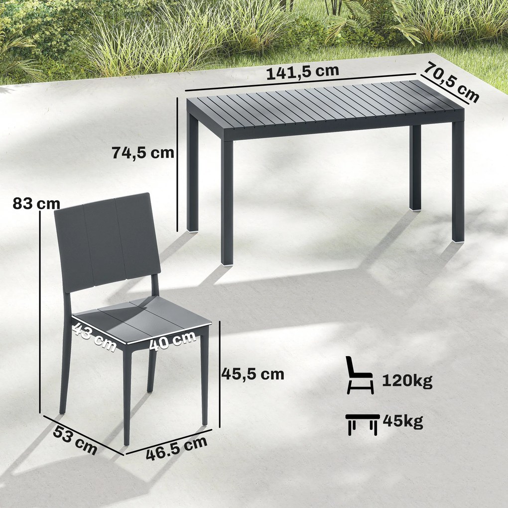 Outsunny Zahradní nábytek sedací souprava 5dílný široký stůl se 4 stohovatelnými židlemi lamelové provedení pro 4 osoby tmavě šedá